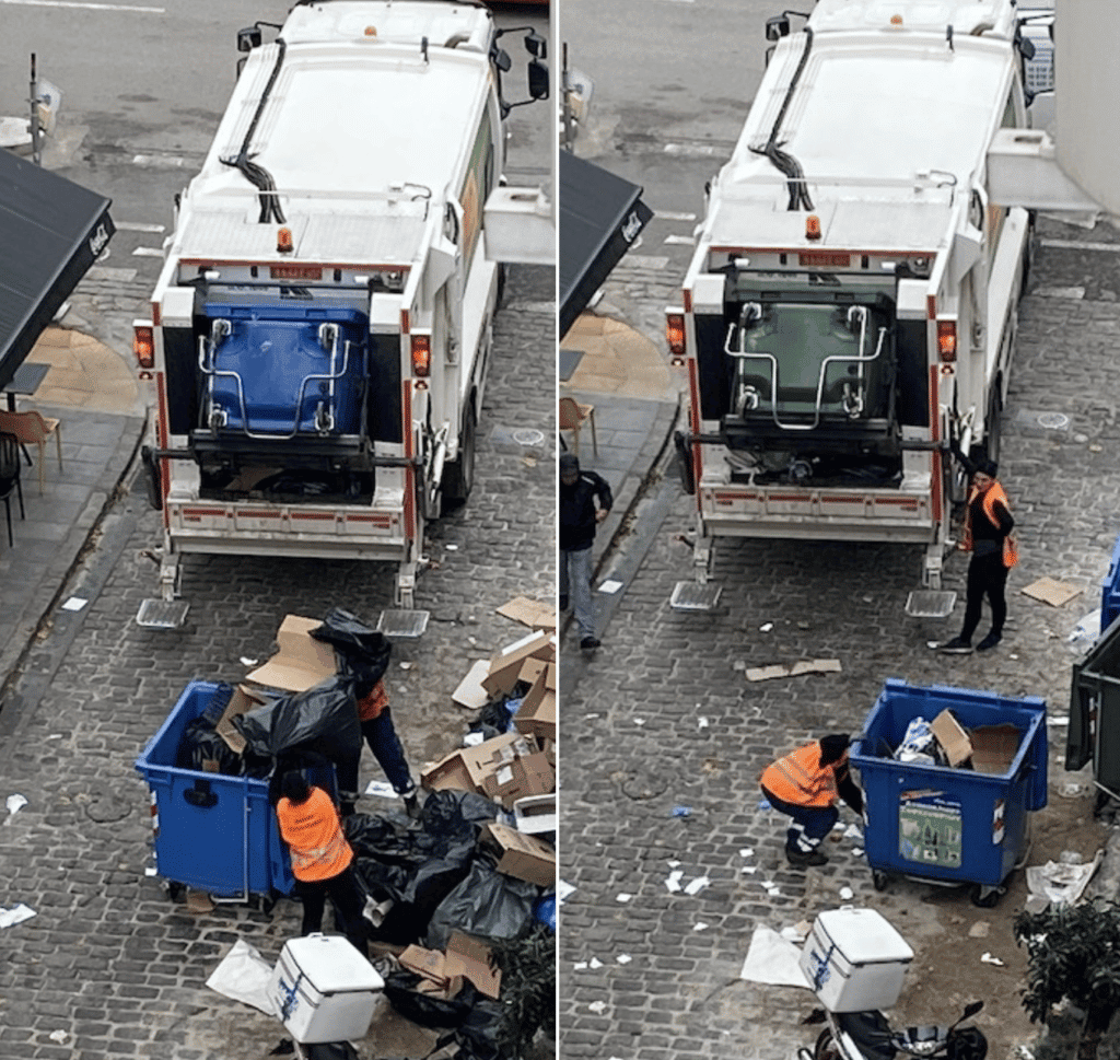 Διαχείριση απορριμμάτων : μπλε, πράσινοι και καφέ κάδοι.